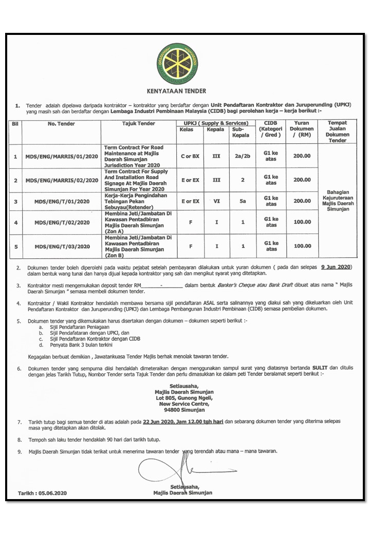 Kenyataan Tender dan Sebutharga MDS Bil.1/2020 - Laman Web Rasmi Majlis ...